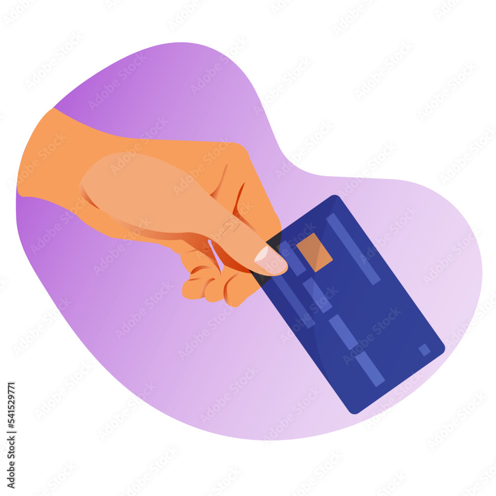 Taking blue credit card 2D vector isolated illustration. E commerce ...