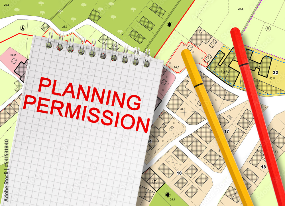 Póster Planning permission concept with imaginary General Urban Plan, cadastral map and – Cuadro ...