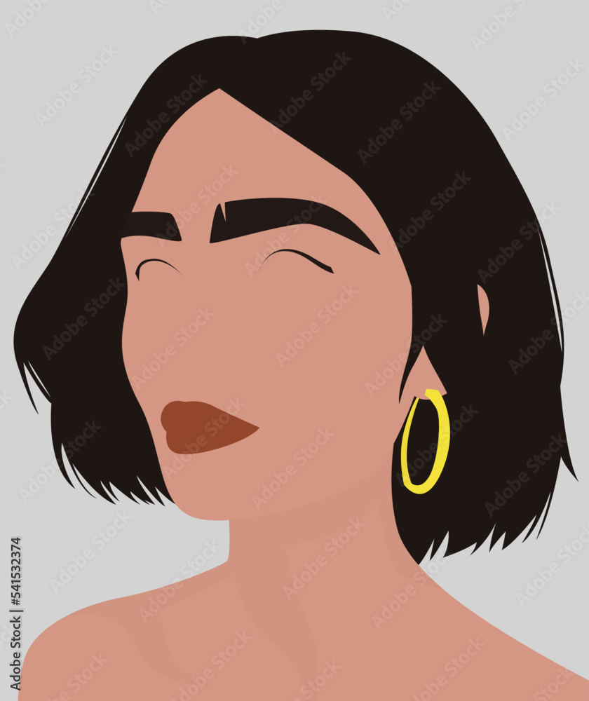 Vector flat image of a young lady with short hair. A girl with brown ...