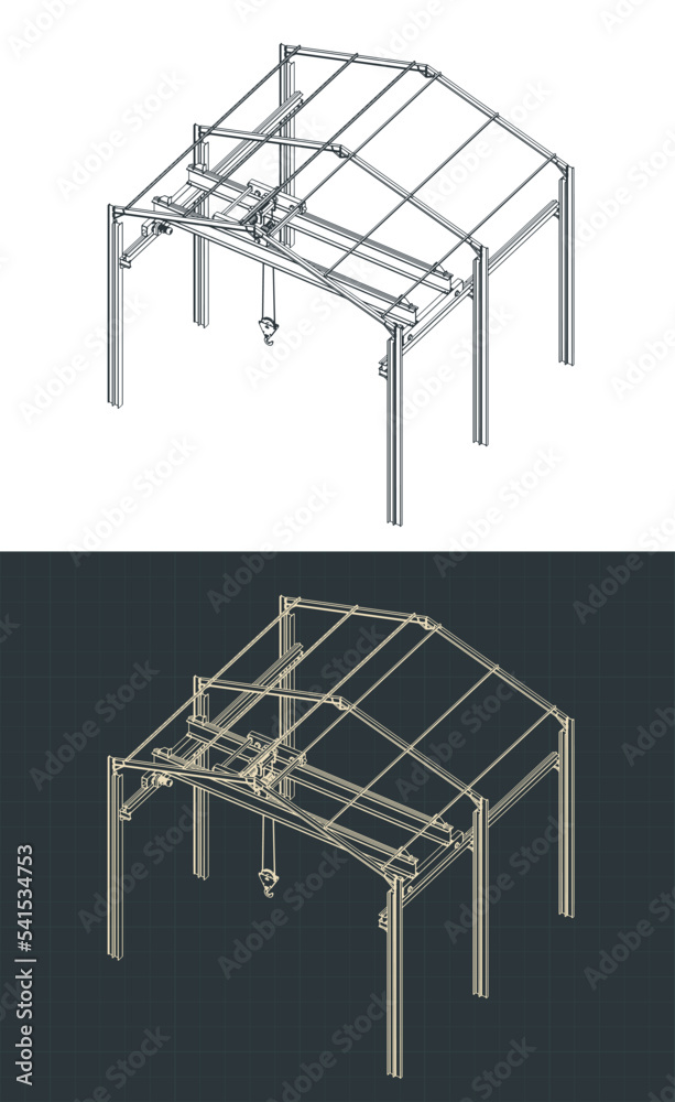 Overhead crane and warehouse structure isometric blueprints Stock ...
