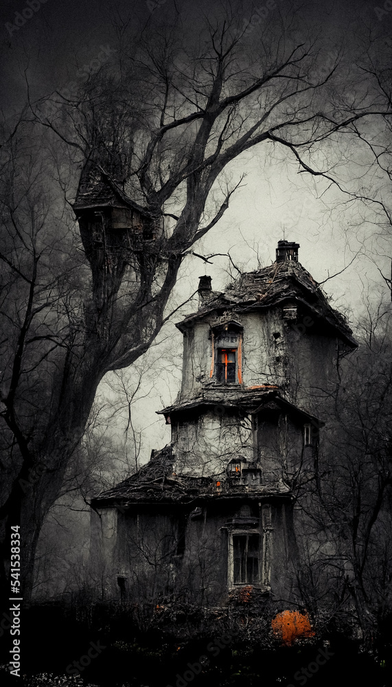 Abstract drawing of a creepy haunted old Halloween house fairy tale ...