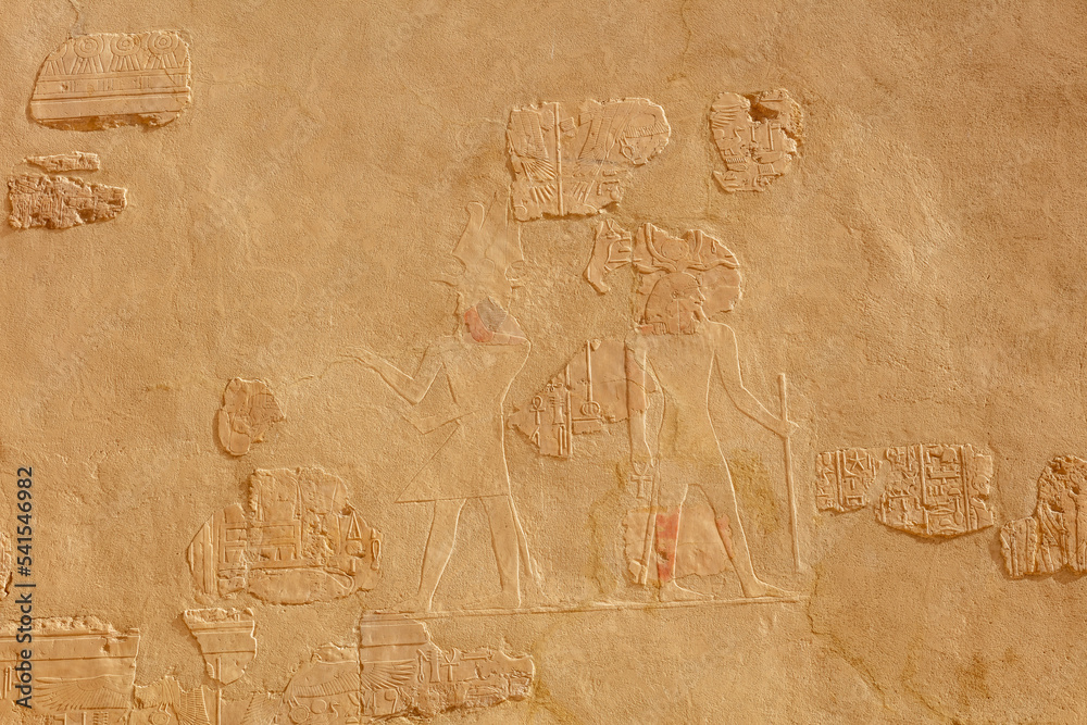 Beautiful mural, hieroglyphs inside the temple of Hatshepsut. Jeser ...