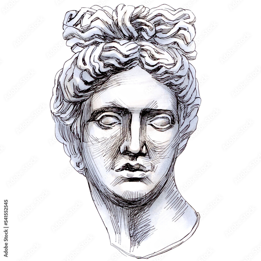 Hand drawn illustration of portrait of Apollo Belvedere. Sketch markers ...