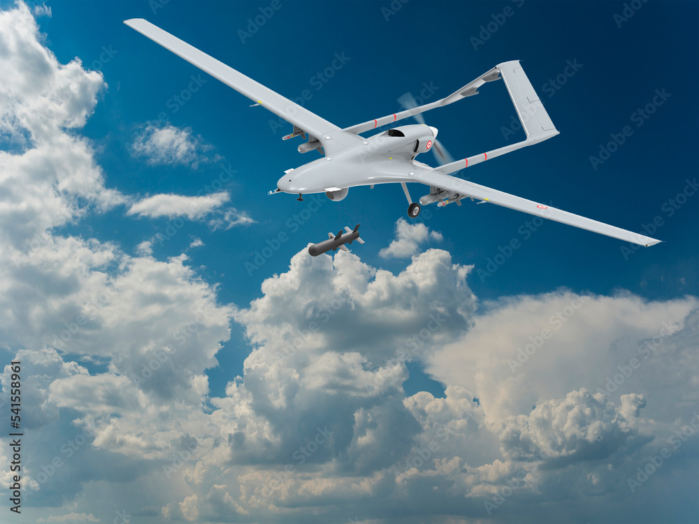 Bayraktar TB2 unmanned aerial vehicle gliding through the clouds with ...