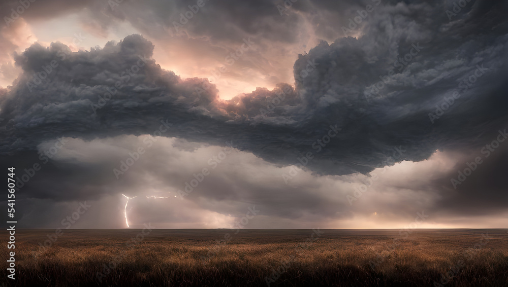 a supercell storm / thunderstorm with dark clouds far away in the ...