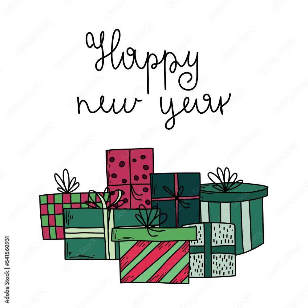 Happy new year card with hand draw gifts. Vector illustration. Stock ...
