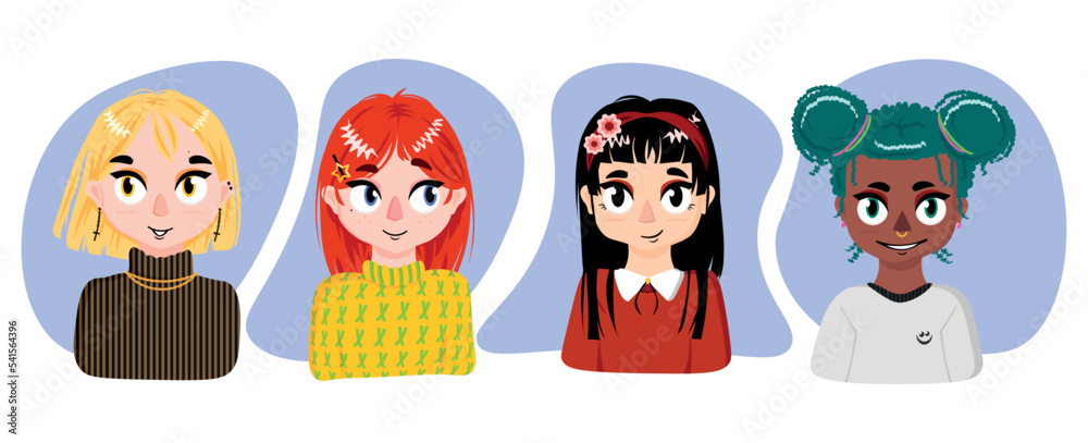 Vector illustration. Set of girls avatars. Girlfriends. Many people ...