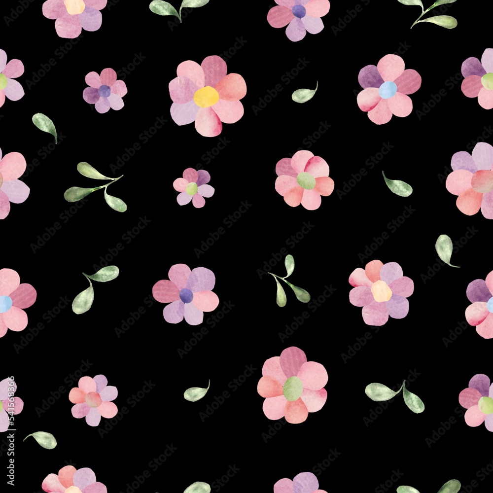 Watercolor floral seamless pattern with different flowers, leaves. Hand ...