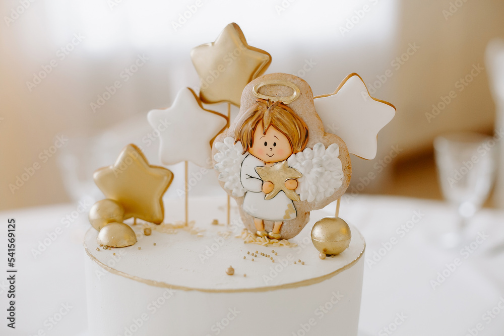 Front view of birthday cake for newborn baby. Beautiful cake, covered ...