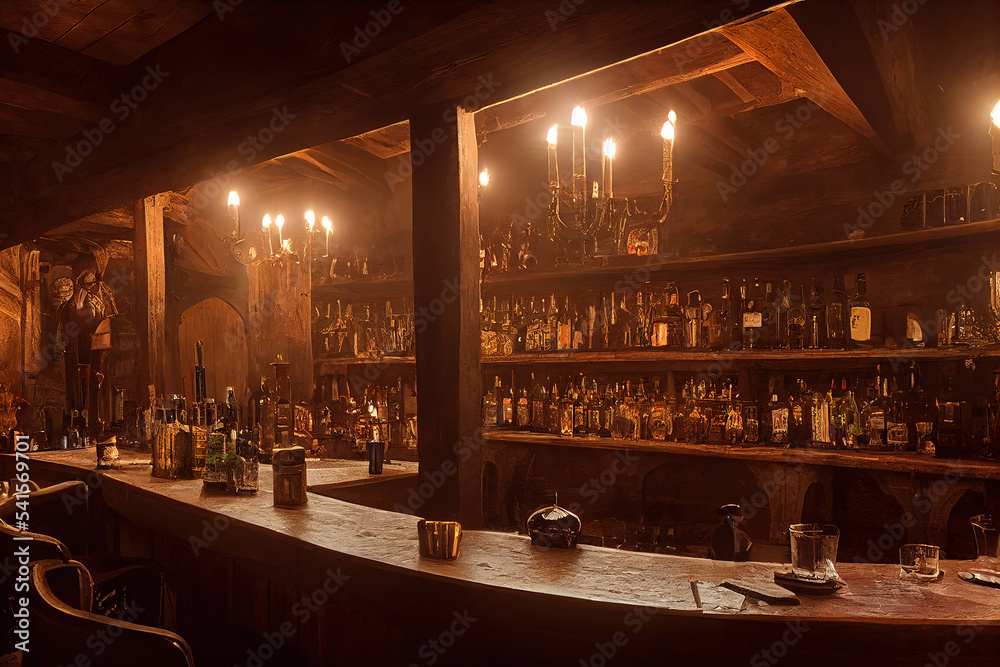 Wide panoramic view of the bar area in a fantasy medieval tavern, interior, art illustration ...