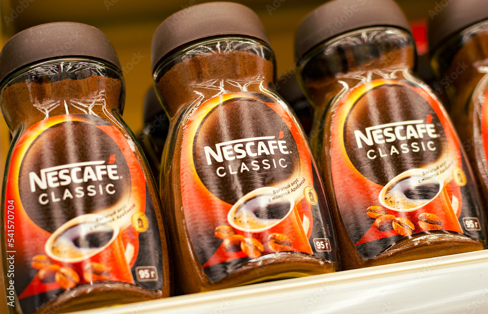 glass packings of the Nescafe Classic instant coffee by Nestle corp ...