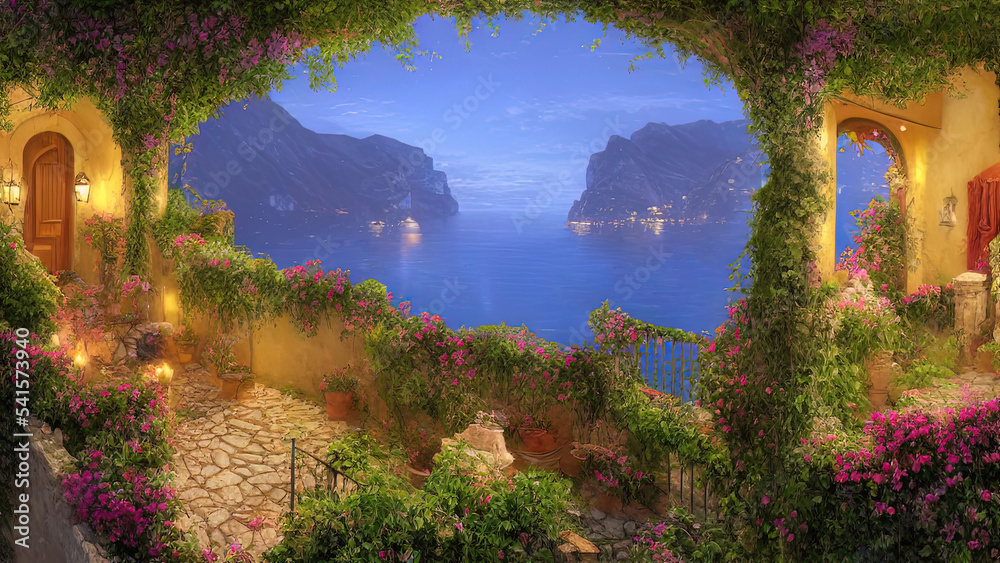 Beautiful sea resort landscape. Romantic villa with a balcony, sea view with yachts, sunset ...