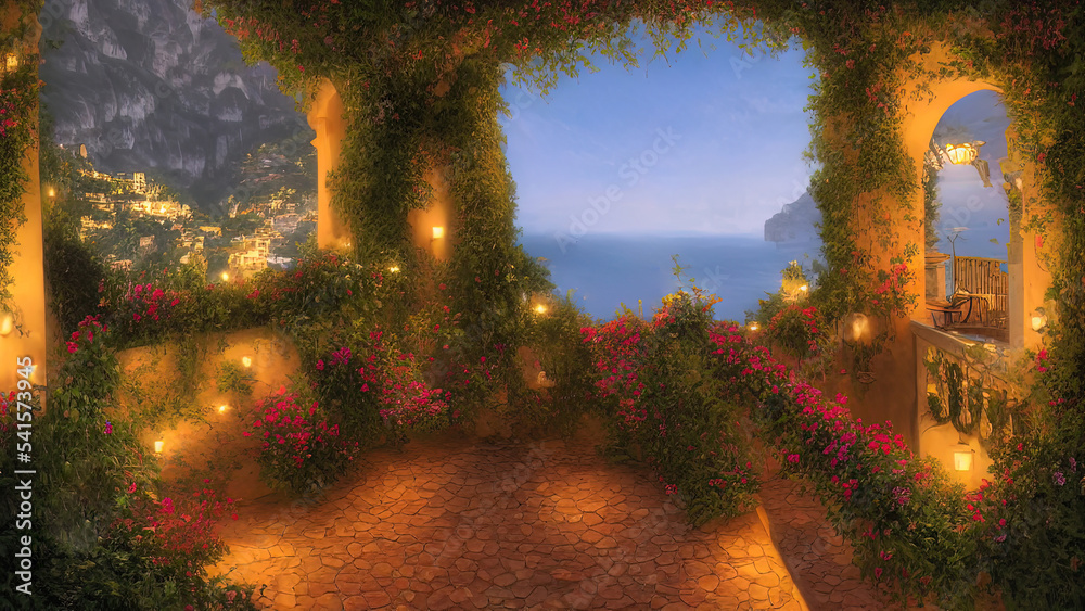 Beautiful sea resort landscape. Romantic villa with a balcony, sea view with yachts, sunset ...