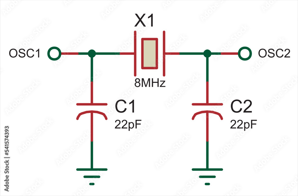 Vector electrical circuit with capacitor, quartz resonator and gnd ...