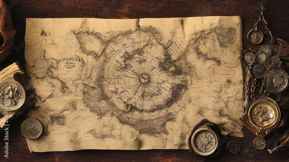 Old treasure map, coins, wind rose, compass. 3D illustration. Stock ...