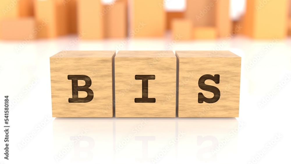 Word with the text BIS branded on wooden cube blocks reflected on the ...