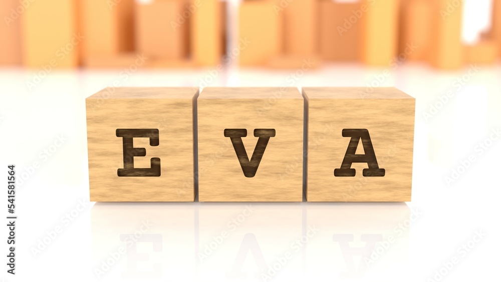 Word with the text EVA engraved on wooden cube blocks reflected on the ...