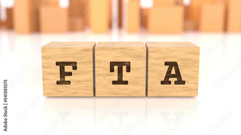 Word FTA chiselled on wooden blocks reflected on the white surface ...