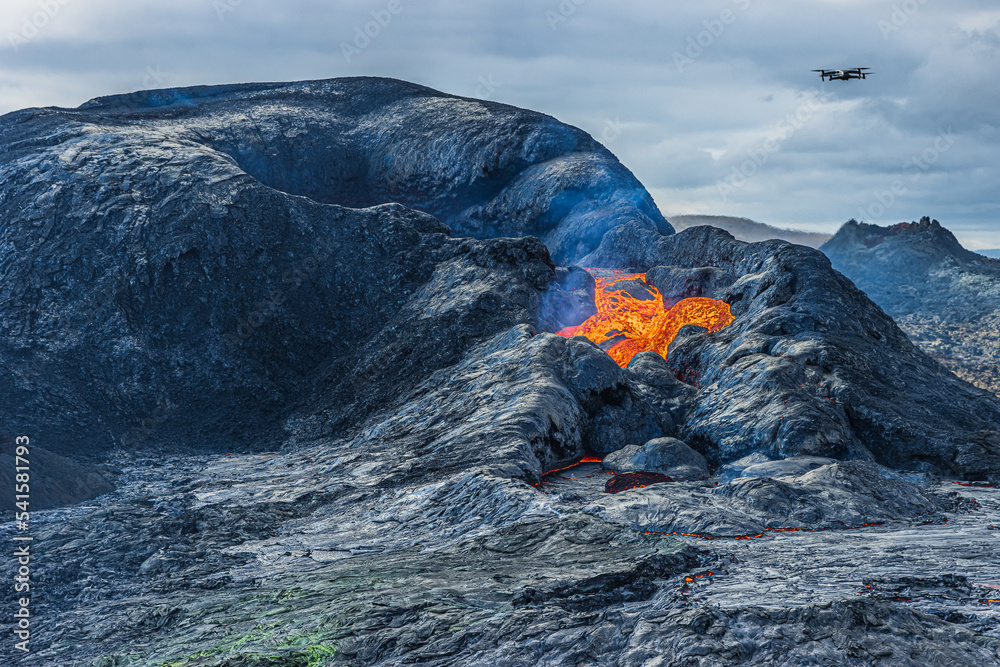 Opening of a volcanic crater during the day. crater mouth with ...
