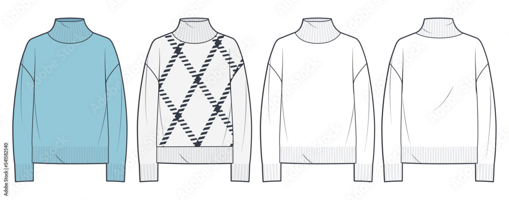 Set of Sweaters, Jumpers technical fashion illustration. Sweaters ...