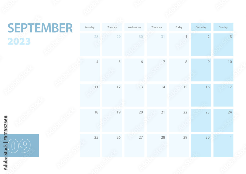 Calendar template for the September 2023, the week starts on Monday ...