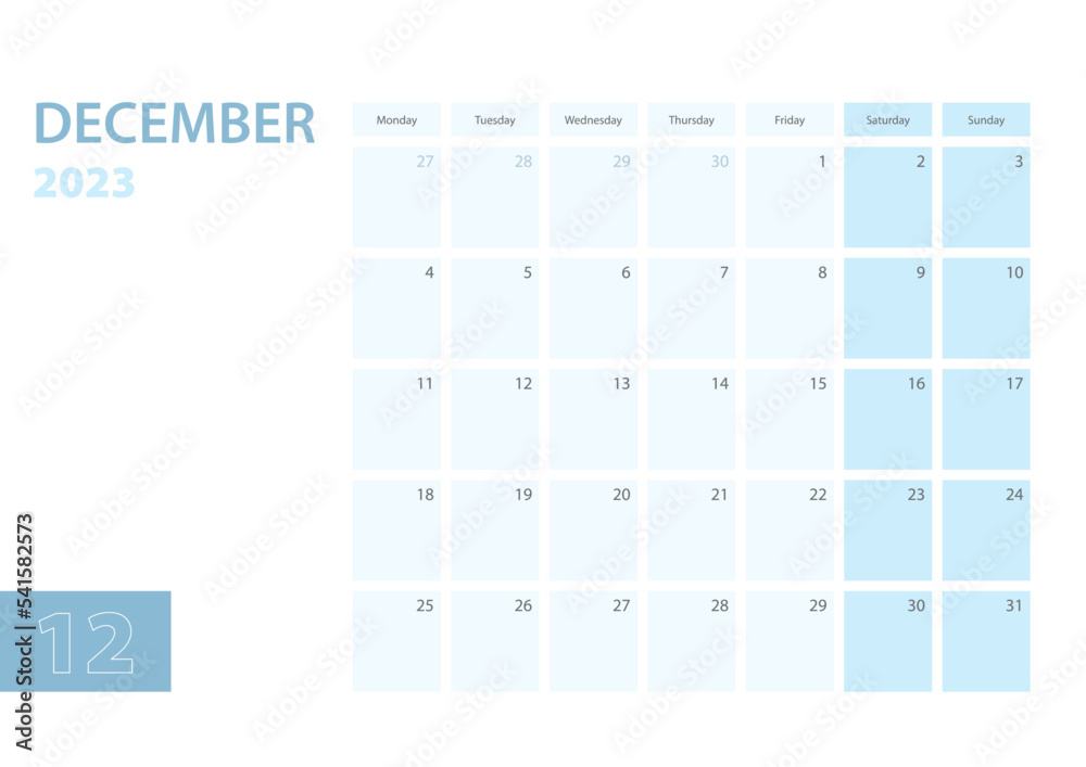 Calendar template for the December 2023, the week starts on Monday. The ...