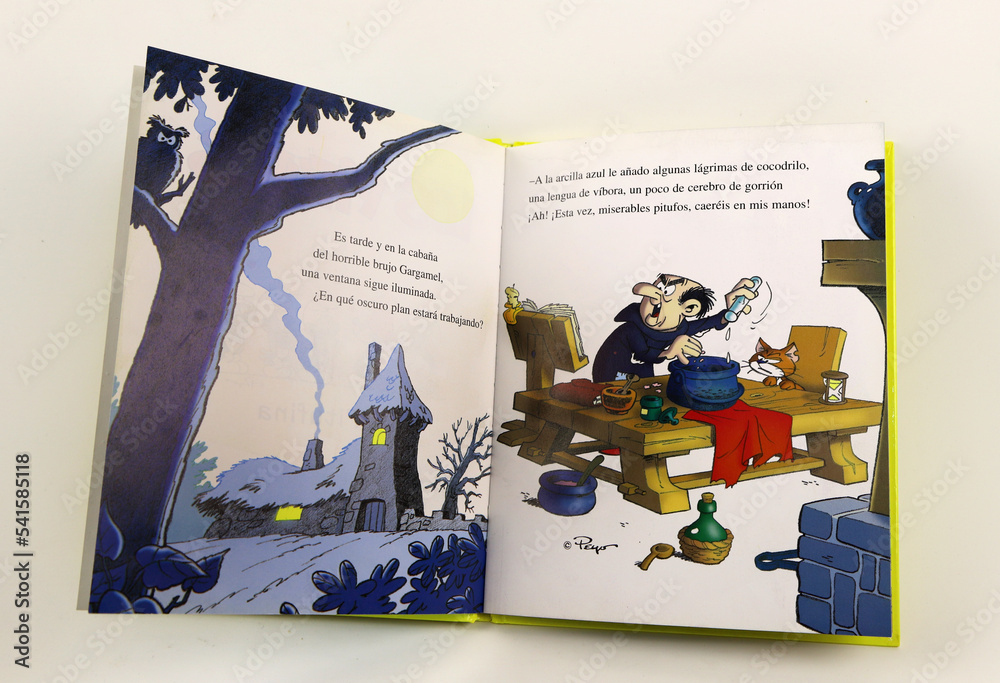 The Smurfs storybook. The wizard Gargamel and his cat Azrael in his ...