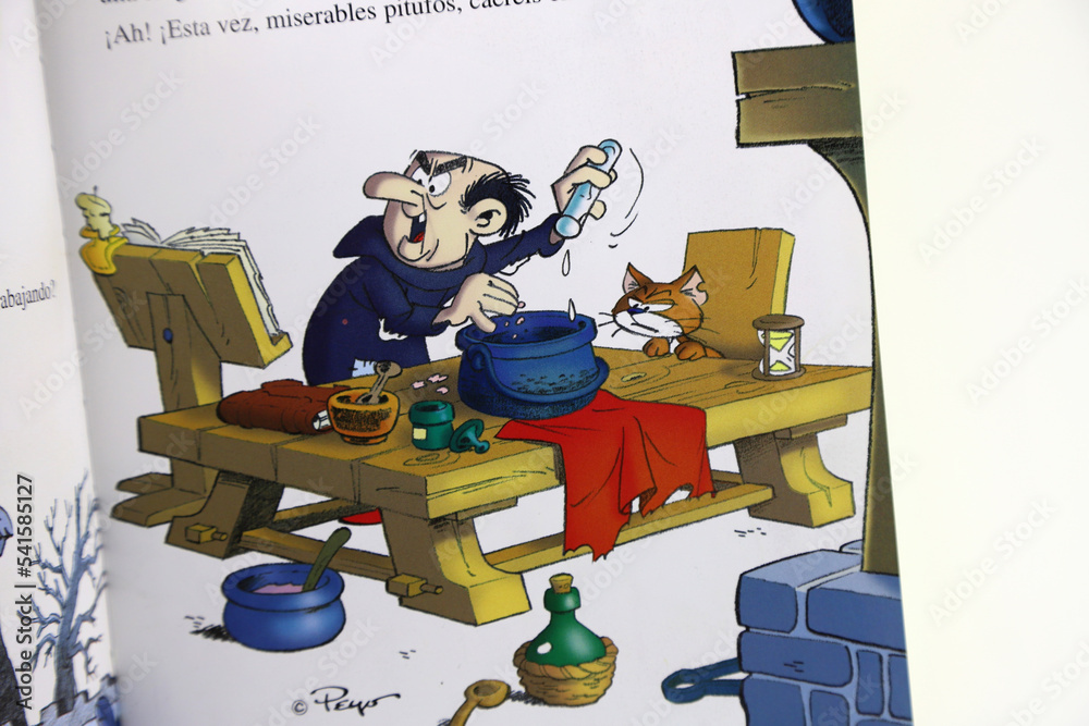 The Smurfs storybook. The wizard Gargamel and his cat Azrael in his ...
