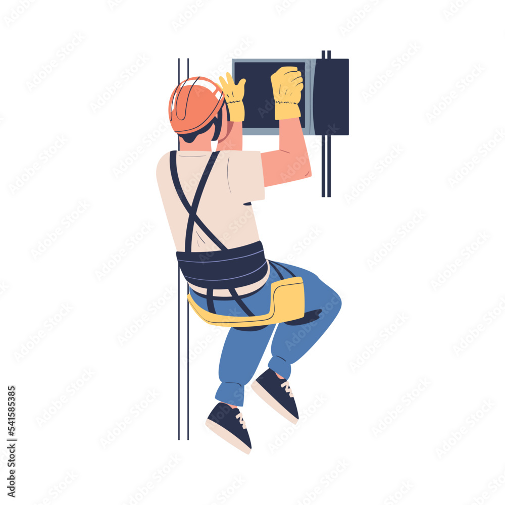 Man Working at Height with Breaker Box Suspended on Rope and Hanging ...