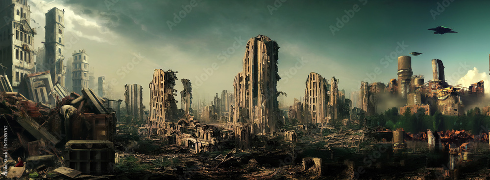 ภาพประกอบสต็อก Sci-fi futuristic city in ruins. Large skyscrapers and ...