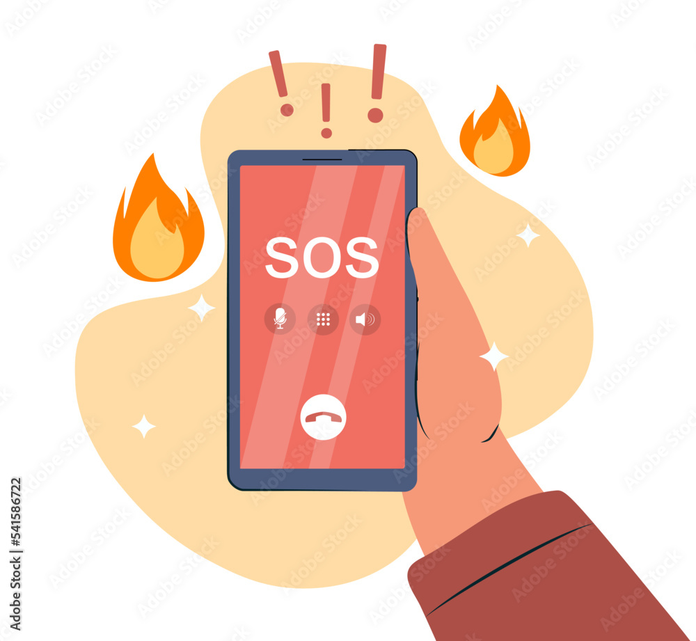 Emergency call concept. Character holding smartphone with inscription ...