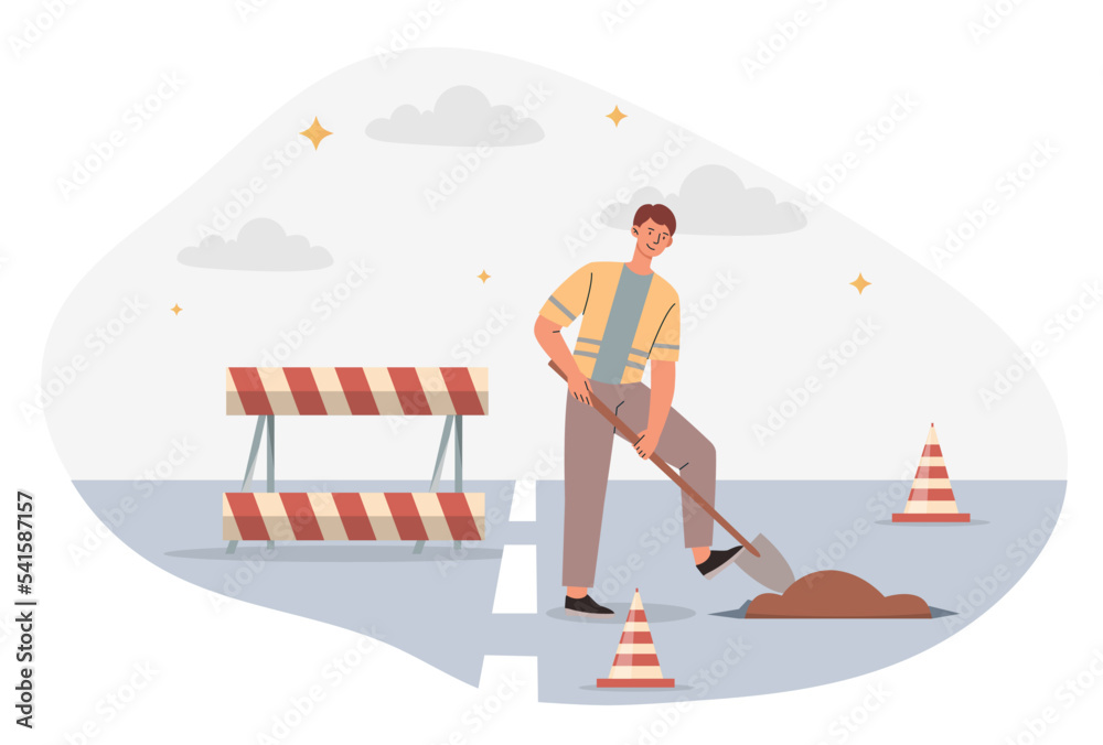 Road works concept. Man with shovel digs hole, worker fixes problems ...