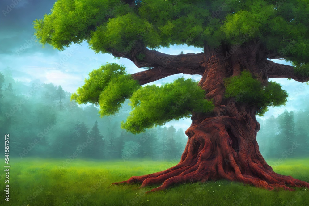 An illustration of a huge ancient tree in a meadow Stock Illustration ...
