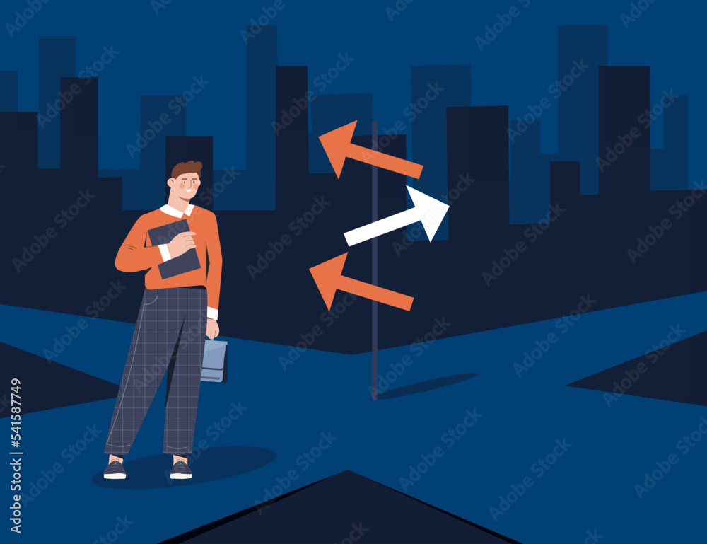 Buisness man decides. Young guy standing on road in front of arrows in ...