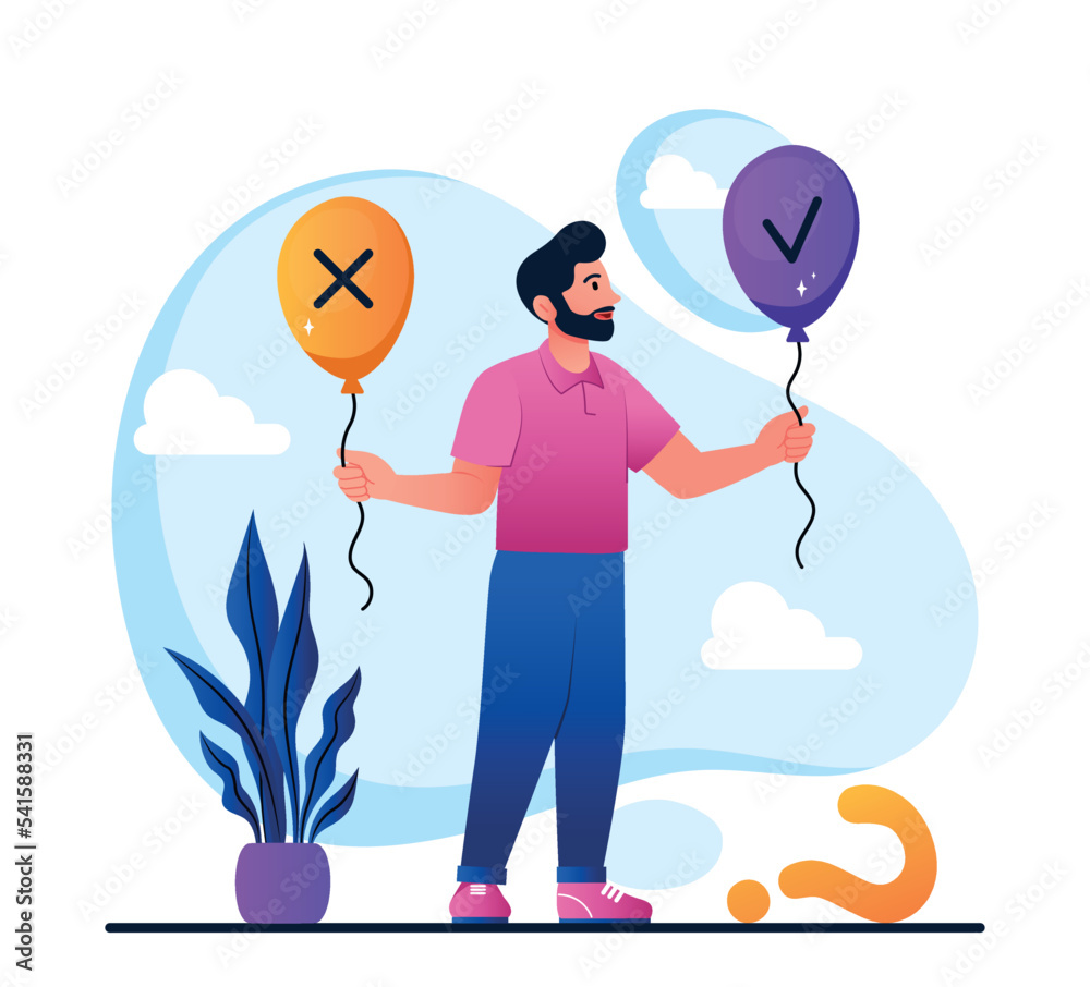 Decision right or wrong. Man stands with two balloons in his hands ...