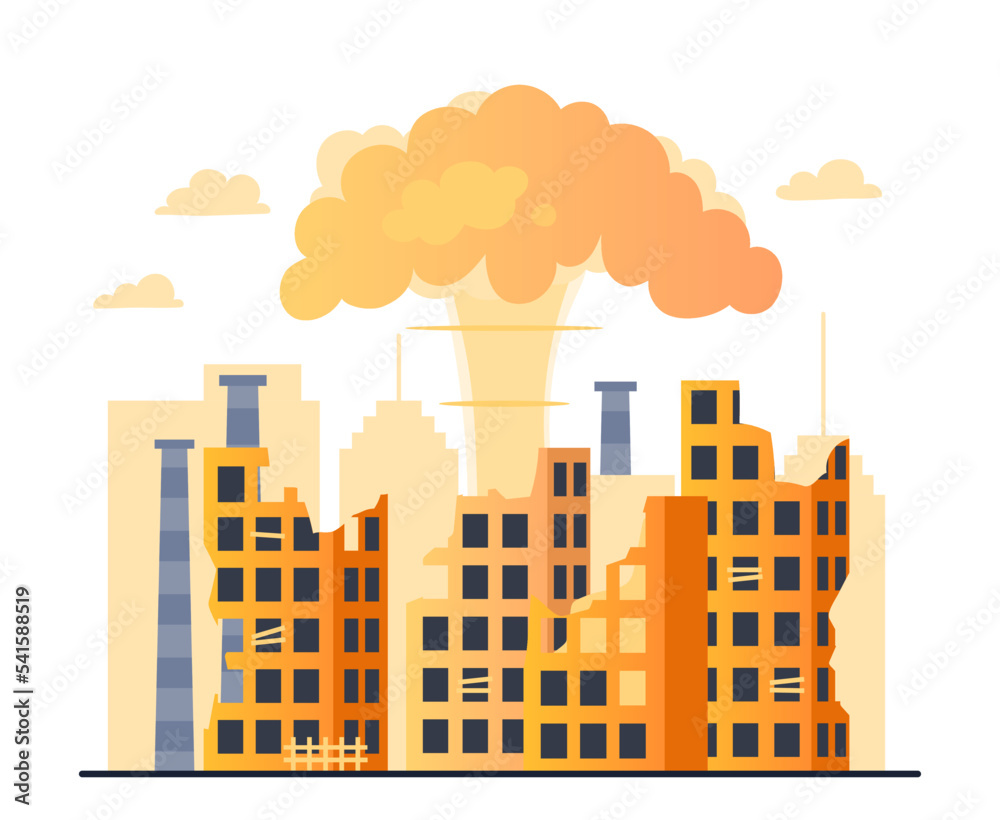 Destroyed city concept. Explosion behind highrise crashed buildings ...