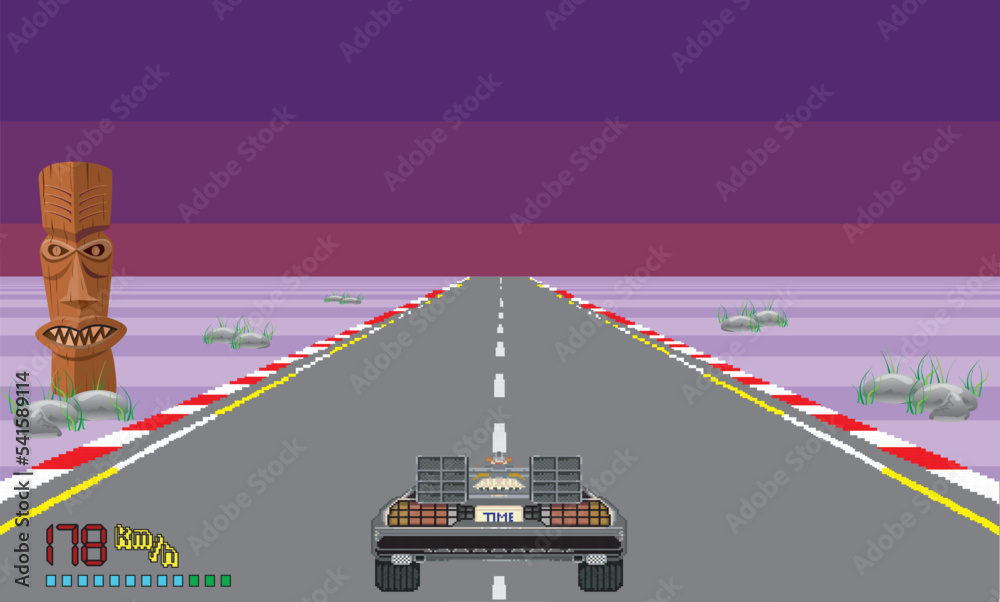 retro-futuristic sci-fi race car from the 80's with a night background ...