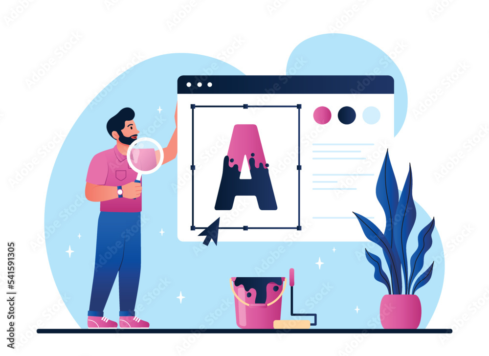 Concept of rebranding. Man develops design elements for website ...