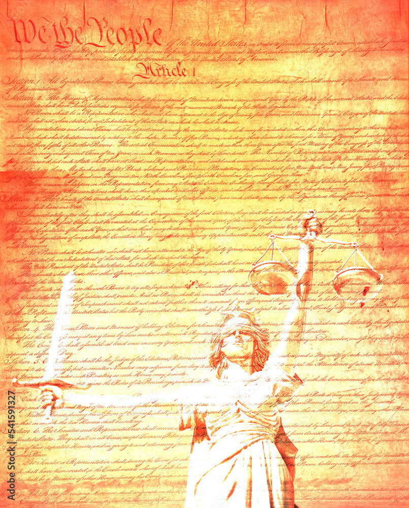 Preamble to the US constitution overlaid an image of Lady Justice, a ...