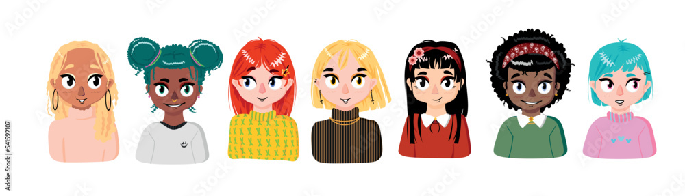 Vector illustration. Set of girls avatars. Girlfriends. Many people ...
