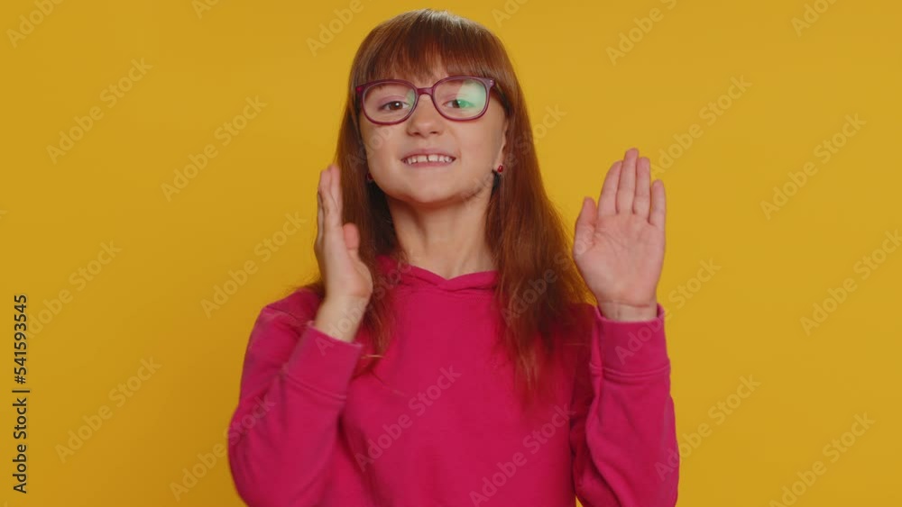 Stop gesture. Angry young preteen child girl kid say No hold palm ...