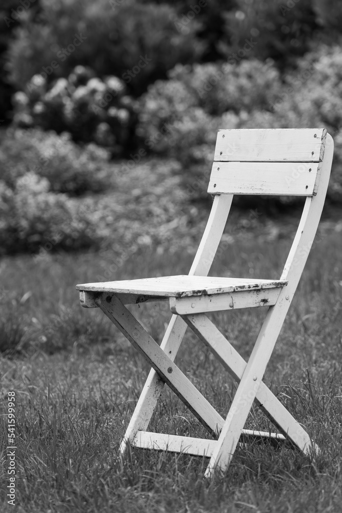 Black and white photo of a white garden chair on a lawn with garden bed ...