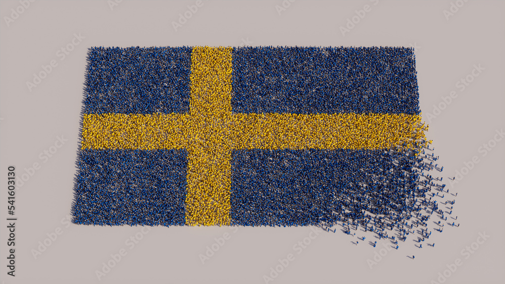 Aerial view of a Crowd of People, gathering to form the Flag of Sweden ...