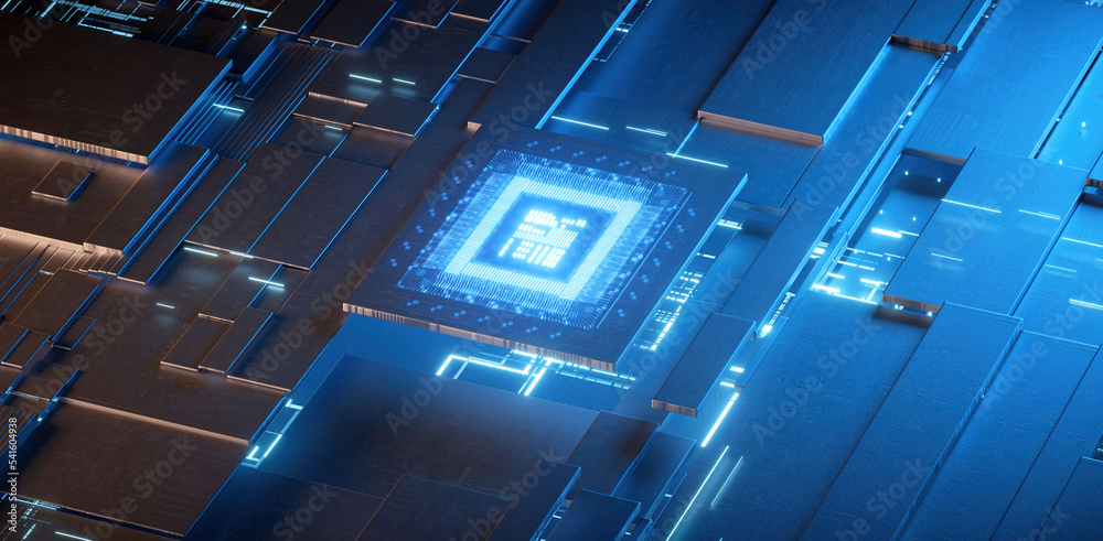 3D rendering of cyberpunk AI. Circuit board. Technology background ...