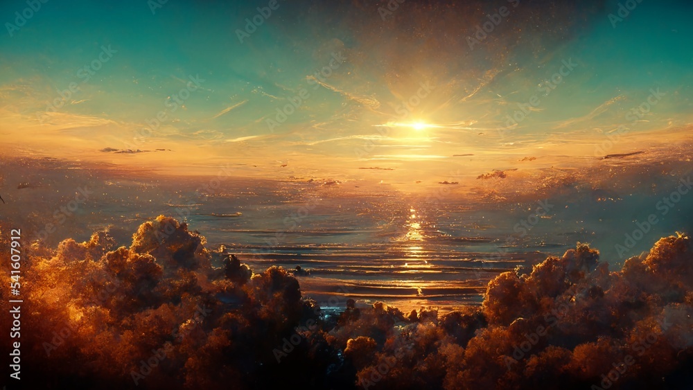sunset beach on Blurred bokeh background, 3d Illustration of glow of ...