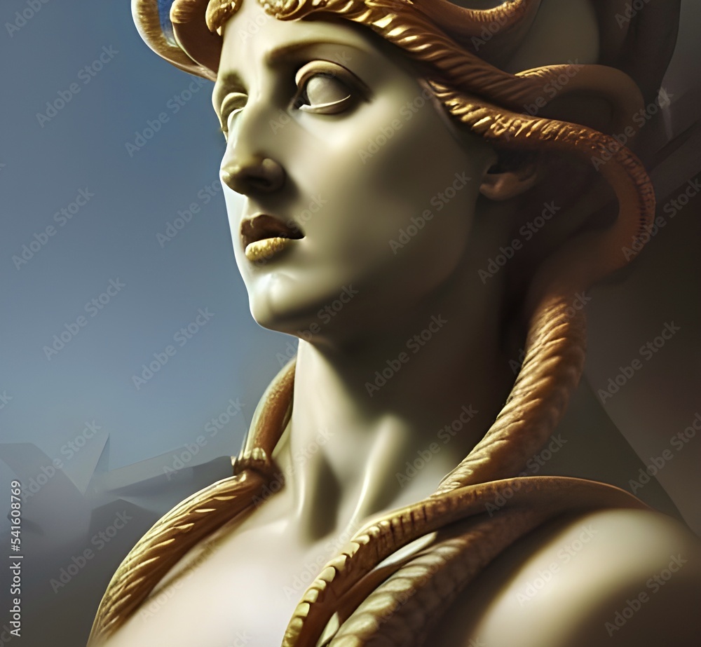 3D illustration of a white marble bust of Medusa, otherwise known as ...