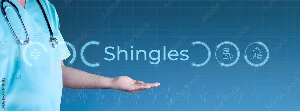 Shingles (herpes zoster). Doctor stretches out hand. Interface with ...