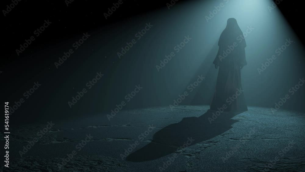 A nun-like figure standing idle in a dark room, with volumetric lights ...