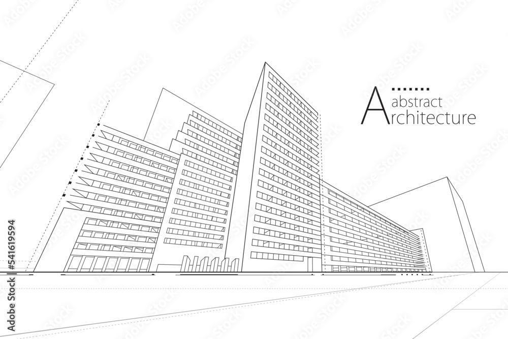3D illustration abstract modern urban building out-line black and white ...