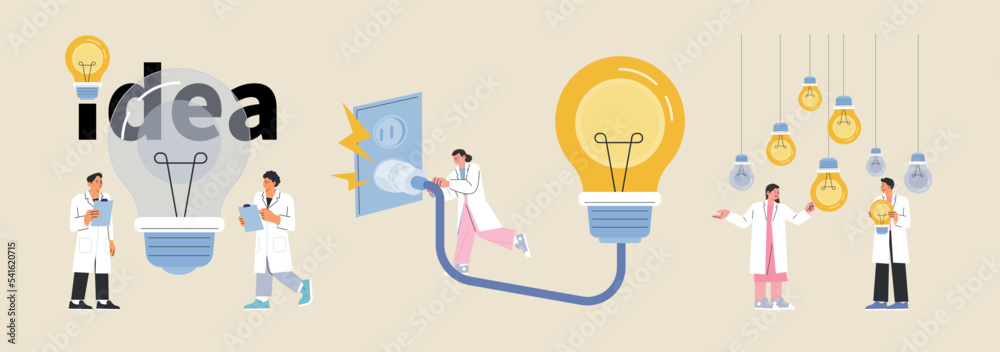 People are analyzing a large light bulb, plugging a cord into an outlet ...